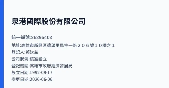 泉港國際股份有限公司的照片-統編 86896408(高雄市) 公司登記資料與營業項目詳細圖表