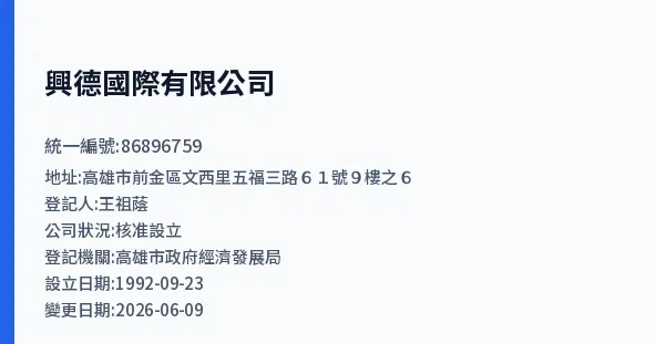 興德國際有限公司的照片-統編 86896759(高雄市) 公司登記資料與營業項目詳細圖表