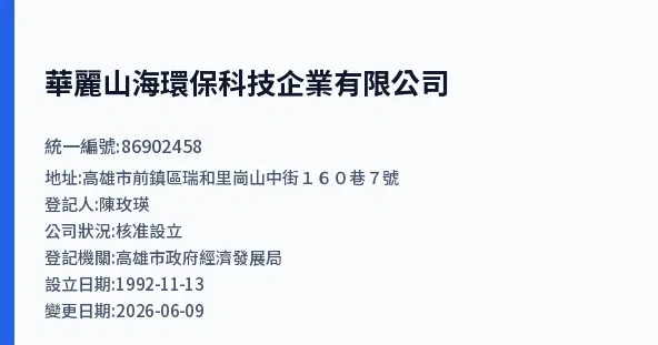 華麗山海環保科技企業有限公司的照片-統編 86902458(高雄市) 公司登記資料與營業項目詳細圖表