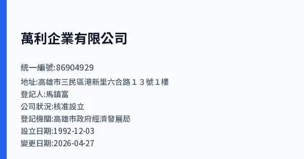 萬利企業有限公司的照片-統編 86904929(高雄市) 公司登記資料與營業項目詳細圖表