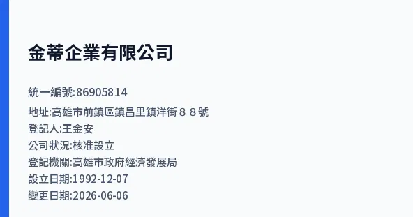 金蒂企業有限公司的照片-統編 86905814(高雄市) 公司登記資料與營業項目詳細圖表