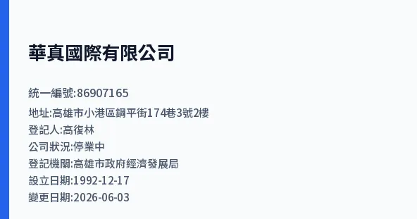 華真國際有限公司的照片-統編 86907165(高雄市) 公司登記資料與營業項目詳細圖表