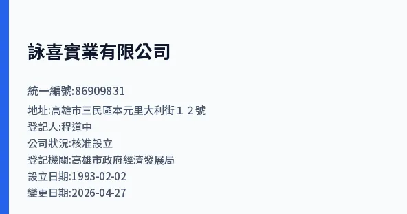 詠喜實業有限公司的照片-統編 86909831(高雄市) 公司登記資料與營業項目詳細圖表