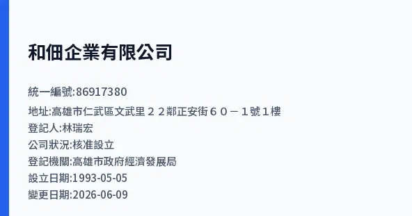 和佃企業有限公司的照片-統編 86917380(高雄市) 公司登記資料與營業項目詳細圖表