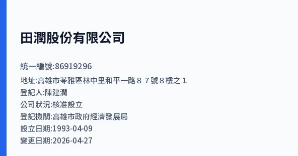 田潤股份有限公司的照片-統編 86919296(高雄市) 公司登記資料與營業項目詳細圖表