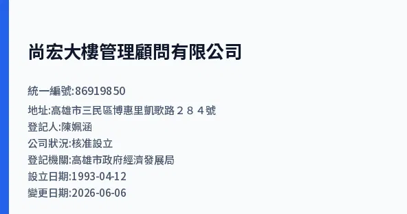 尚宏大樓管理顧問有限公司的照片-統編 86919850(高雄市) 公司登記資料與營業項目詳細圖表