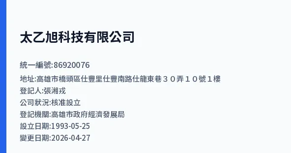 太乙旭科技有限公司的照片-統編 86920076(高雄市) 公司登記資料與營業項目詳細圖表