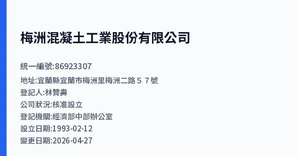 梅洲混凝土工業股份有限公司的照片-統編 86923307(宜蘭縣) 公司登記資料與營業項目詳細圖表