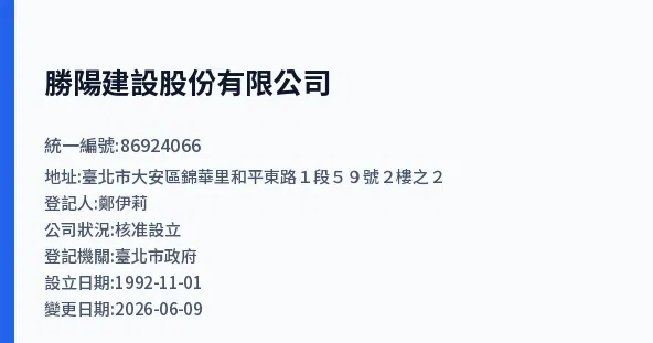 勝陽建設股份有限公司的照片-統編 86924066(臺北市) 公司登記資料與營業項目詳細圖表