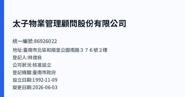 太子物業管理顧問股份有限公司的照片-統編 86926022(臺南市) 公司登記資料與營業項目詳細圖表