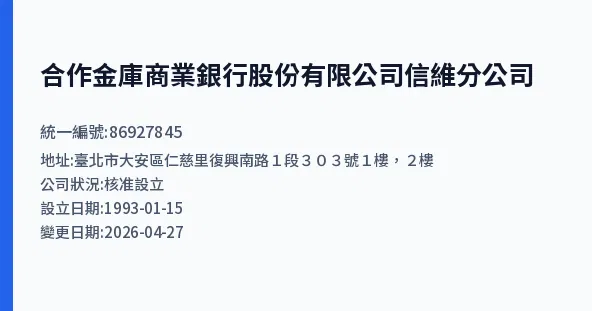 合作金庫商業銀行股份有限公司信維分公司的照片-統編 86927845(臺北市) 公司登記資料與營業項目詳細圖表