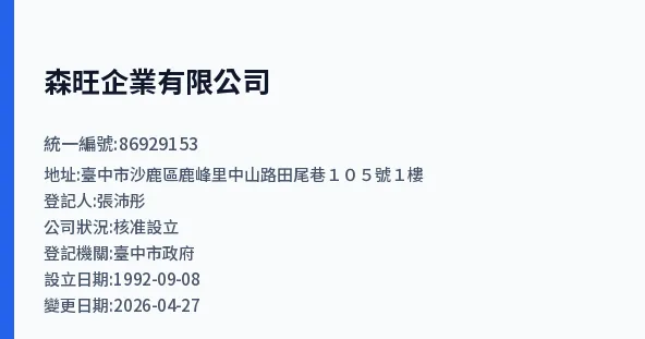 森旺企業有限公司的照片-統編 86929153(臺中市) 公司登記資料與營業項目詳細圖表