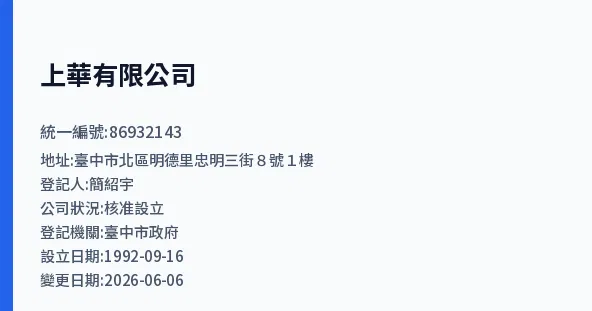 上華有限公司的照片-統編 86932143(臺中市) 公司登記資料與營業項目詳細圖表