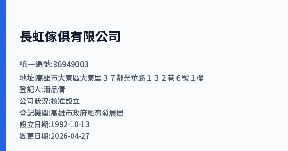 長虹傢俱有限公司的照片-統編 86949003(高雄市) 公司登記資料與營業項目詳細圖表