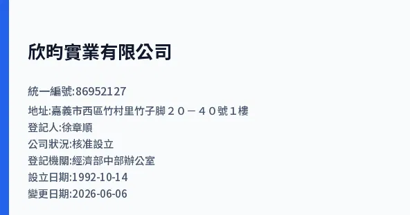 欣昀實業有限公司的照片-統編 86952127(嘉義市) 公司登記資料與營業項目詳細圖表