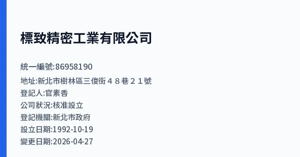 標致精密工業有限公司的照片-統編 86958190(新北市) 公司登記資料與營業項目詳細圖表