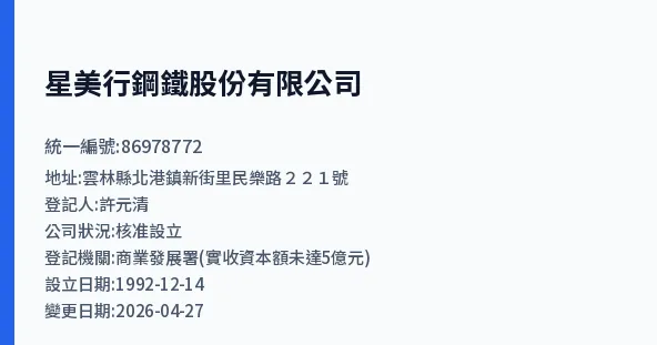 星美行鋼鐵股份有限公司的照片-統編 86978772(雲林縣) 公司登記資料與營業項目詳細圖表