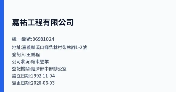 嘉祐工程有限公司的照片-統編 86981024(嘉義縣) 公司登記資料與營業項目詳細圖表