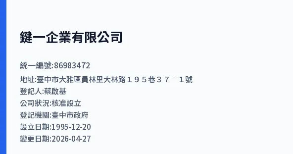 鍵一企業有限公司的照片-統編 86983472(臺中市) 公司登記資料與營業項目詳細圖表