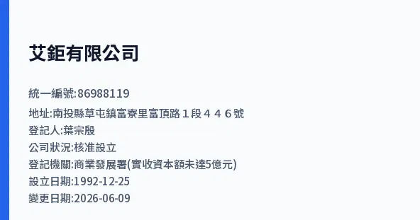艾鉅有限公司的照片-統編 86988119(南投縣) 公司登記資料與營業項目詳細圖表