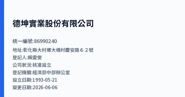 德坤實業股份有限公司的照片-統編 86990240(彰化縣) 公司登記資料與營業項目詳細圖表