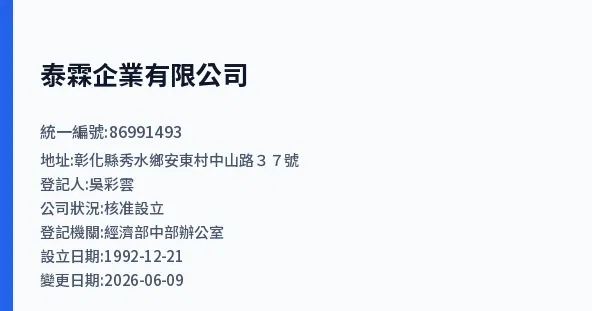 泰霖企業有限公司的照片-統編 86991493(彰化縣) 公司登記資料與營業項目詳細圖表