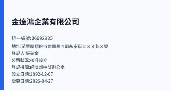 金達鴻企業有限公司的照片-統編 86992985(苗栗縣) 公司登記資料與營業項目詳細圖表