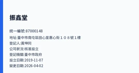 振鑫堂的照片-統編 87000148(臺中市) 公司登記資料與營業項目詳細圖表