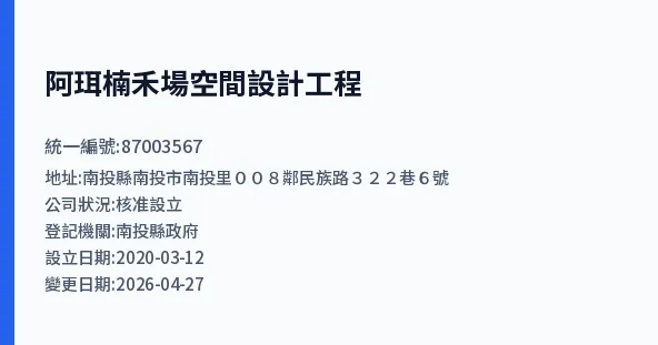 阿珥楠禾場空間設計工程的照片-統編 87003567(南投縣) 公司登記資料與營業項目詳細圖表