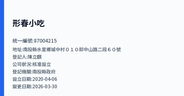 形春小吃的照片-統編 87004215(南投縣) 公司登記資料與營業項目詳細圖表