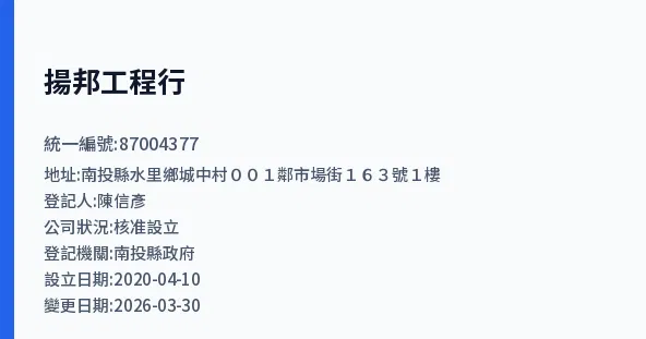 揚邦工程行的照片-統編 87004377(南投縣) 公司登記資料與營業項目詳細圖表