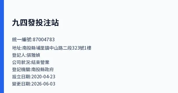 九四發投注站的照片-統編 87004783(南投縣) 公司登記資料與營業項目詳細圖表