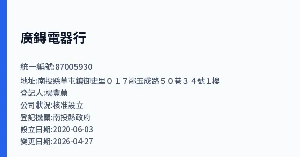 廣鍀電器行的照片-統編 87005930(南投縣) 公司登記資料與營業項目詳細圖表