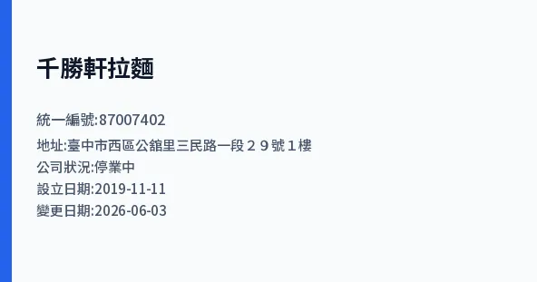 千勝軒拉麵的照片-統編 87007402(臺中市) 公司登記資料與營業項目詳細圖表