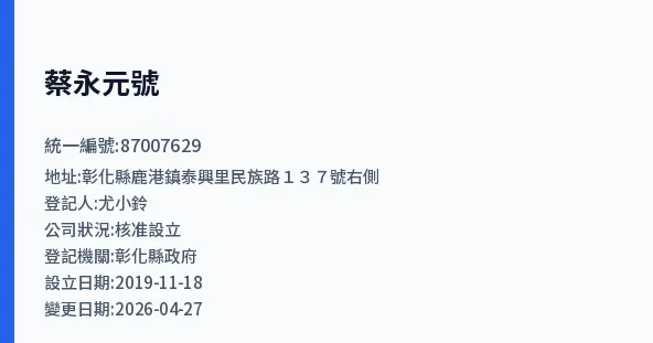 蔡永元號的照片-統編 87007629(彰化縣) 公司登記資料與營業項目詳細圖表