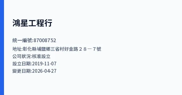 鴻星工程行的照片-統編 87008752(彰化縣) 公司登記資料與營業項目詳細圖表