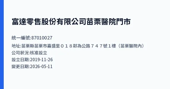 富達零售股份有限公司苗栗醫院門市的照片-統編 87010027(苗栗縣) 公司登記資料與營業項目詳細圖表