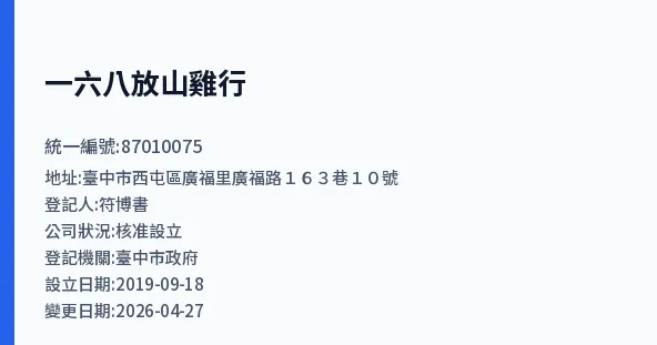 一六八放山雞行的照片-統編 87010075(臺中市) 公司登記資料與營業項目詳細圖表