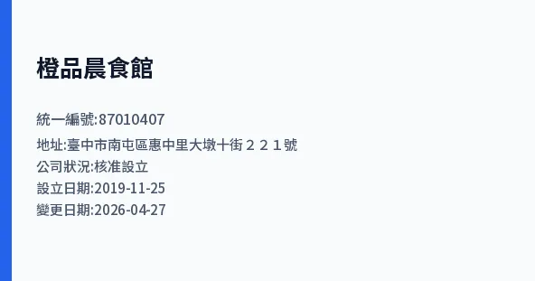 橙品晨食館的照片-統編 87010407(臺中市) 公司登記資料與營業項目詳細圖表