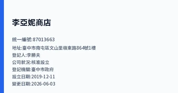 李亞妮商店的照片-統編 87013663(臺中市) 公司登記資料與營業項目詳細圖表