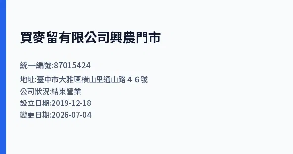 買麥留有限公司興農門市的照片-統編 87015424(臺中市) 公司登記資料與營業項目詳細圖表