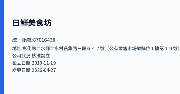 日鮮美食坊的照片-統編 87016438(彰化縣) 公司登記資料與營業項目詳細圖表