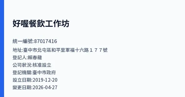 好喔餐飲工作坊的照片-統編 87017416(臺中市) 公司登記資料與營業項目詳細圖表