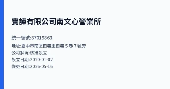 寶譁有限公司南文心營業所的照片-統編 87019863(臺中市) 公司登記資料與營業項目詳細圖表