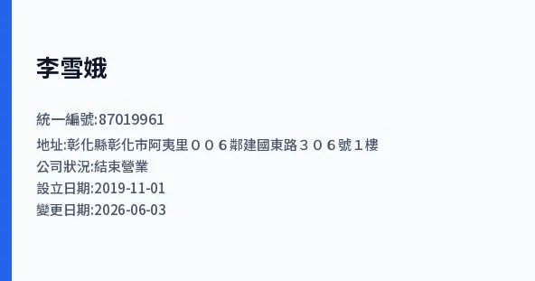李雪娥的照片-統編 87019961(彰化縣) 公司登記資料與營業項目詳細圖表