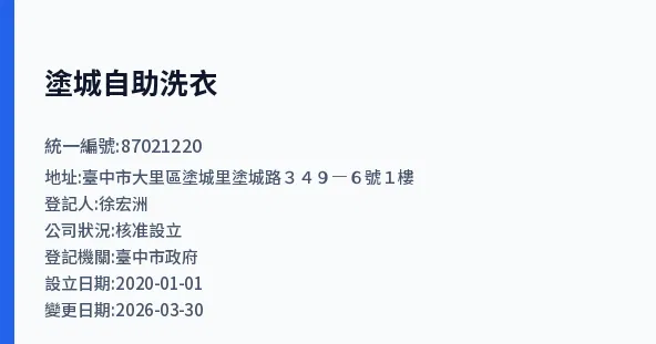 塗城自助洗衣的照片-統編 87021220(臺中市) 公司登記資料與營業項目詳細圖表