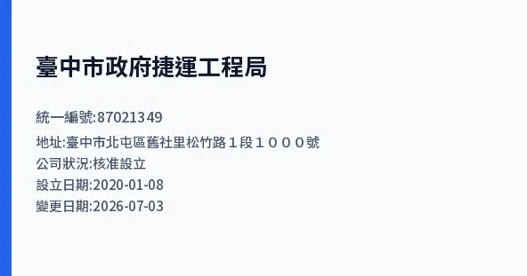 臺中市政府捷運工程局的照片-統編 87021349 公司登記資料與營業項目詳細圖表