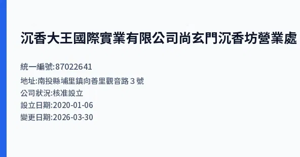 沉香大王國際實業有限公司尚玄門沉香坊營業處的照片-統編 87022641(南投縣) 公司登記資料與營業項目詳細圖表
