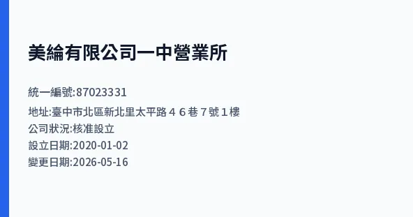 美綸有限公司一中營業所的照片-統編 87023331(臺中市) 公司登記資料與營業項目詳細圖表