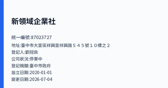 新領域企業社的照片-統編 87023727(臺中市) 公司登記資料與營業項目詳細圖表